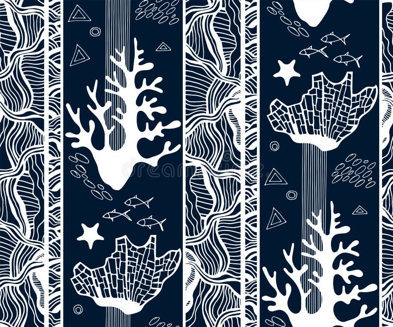Hand Drawn Underwater Natural Ocean Elements. Seamless Pattern with ...