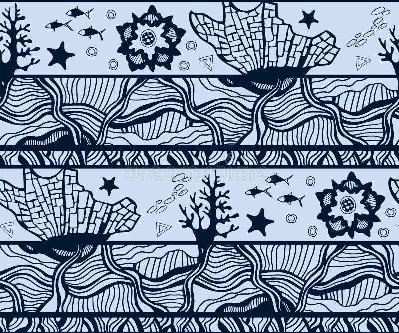 Hand Drawn Underwater Natural Ocean Elements. Seamless Pattern With ...