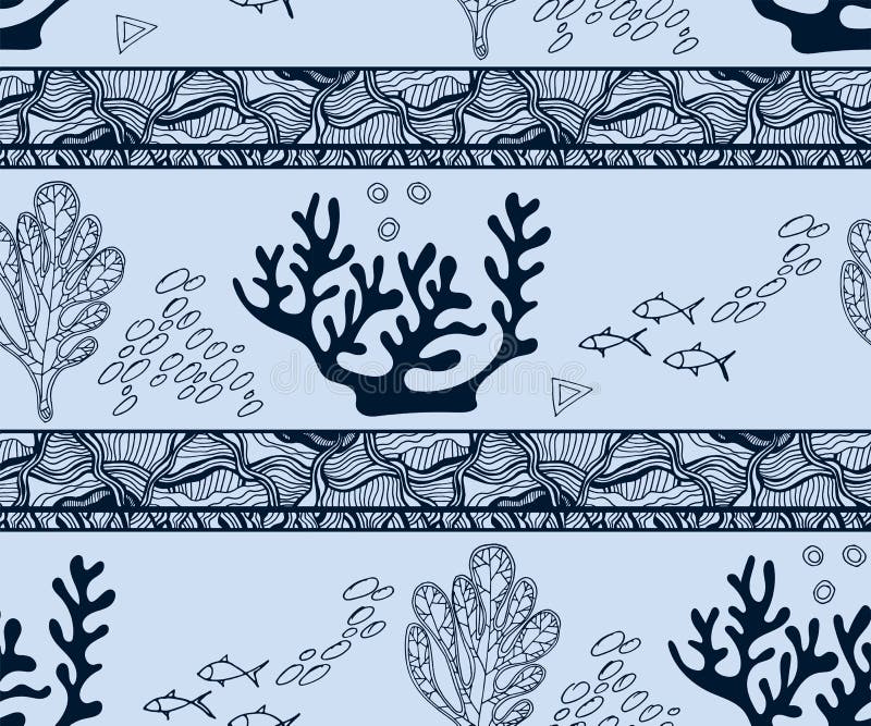 Hand Drawn Underwater Natural Ocean Elements. Seamless Pattern with ...