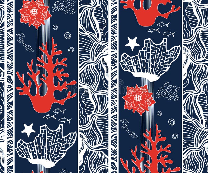 Hand Drawn Underwater Natural Ocean Elements. Seamless Pattern with ...