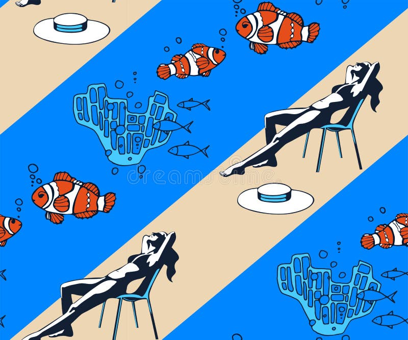 Hand Drawn Underwater Natural Ocean Elements. Seamless Pattern with ...