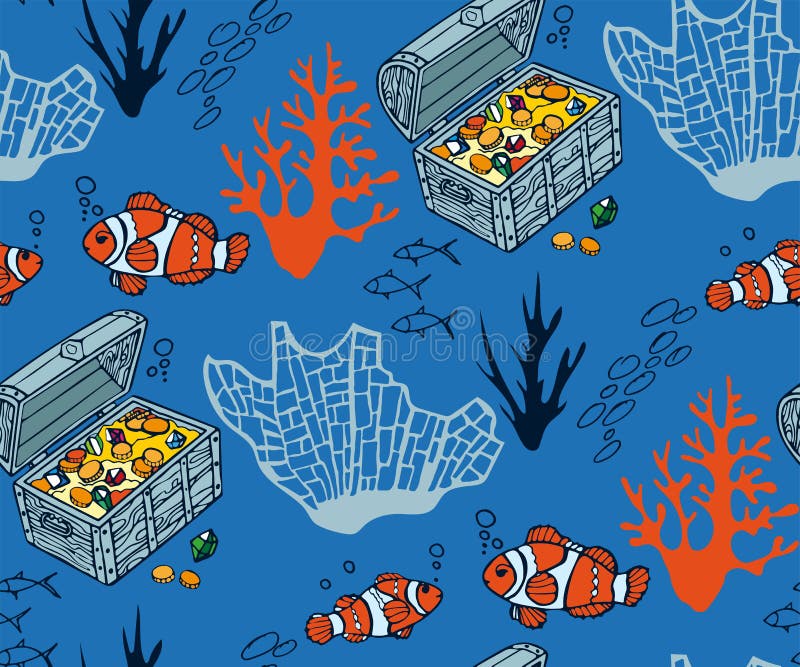 Hand Drawn Underwater Natural Ocean Elements. Seamless Pattern with ...