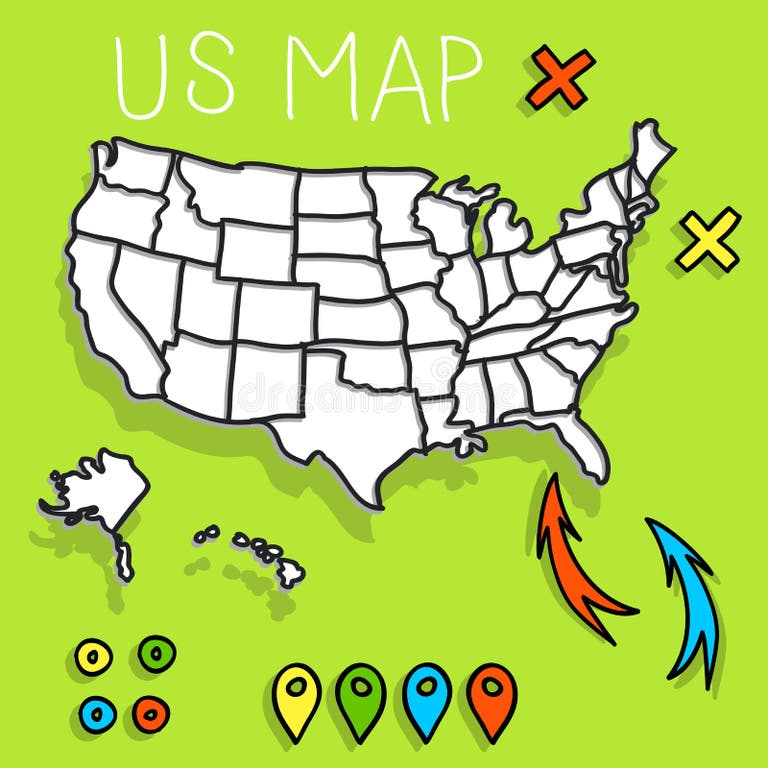 Hand Drawn US Map with Pins Stock Vector - Illustration of land ...