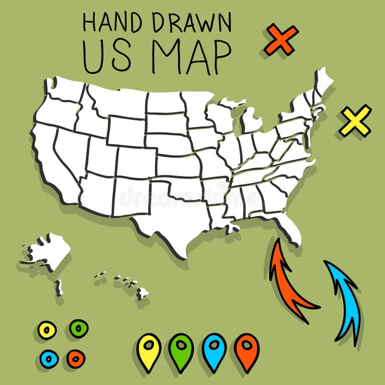 Hand Drawn US Map with Pins Stock Vector - Illustration of sketch, blue ...