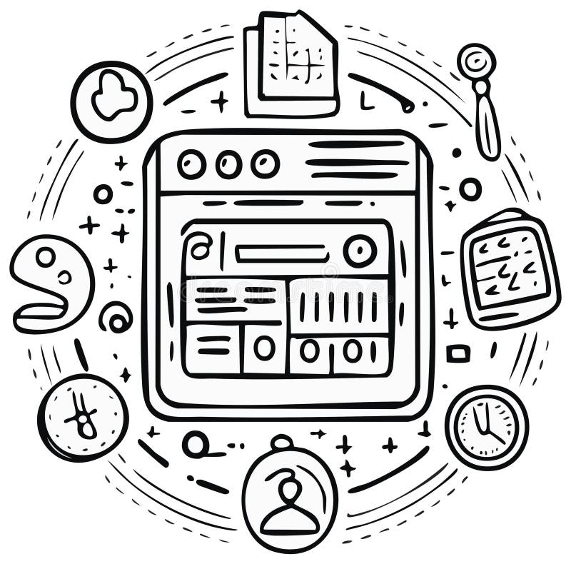 Hand-drawn User Interface Elements and Surrounding Icons, Doodle Style, Technology Concept Stock ...