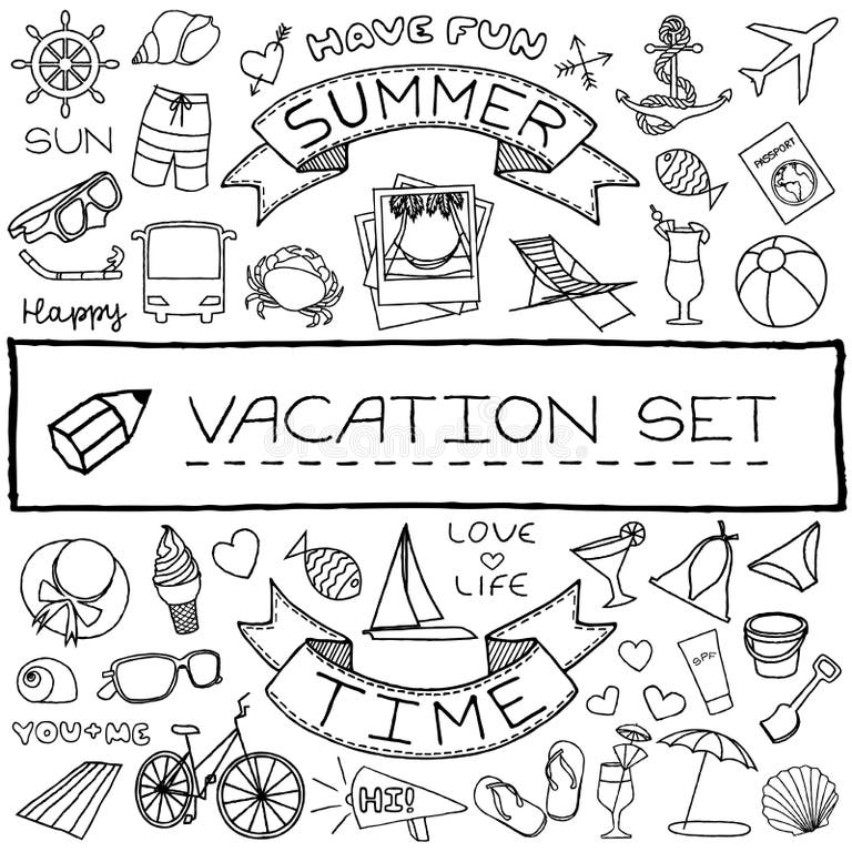 Hand Drawn Vacation Icons Set Stock Vector - Illustration of cream ...