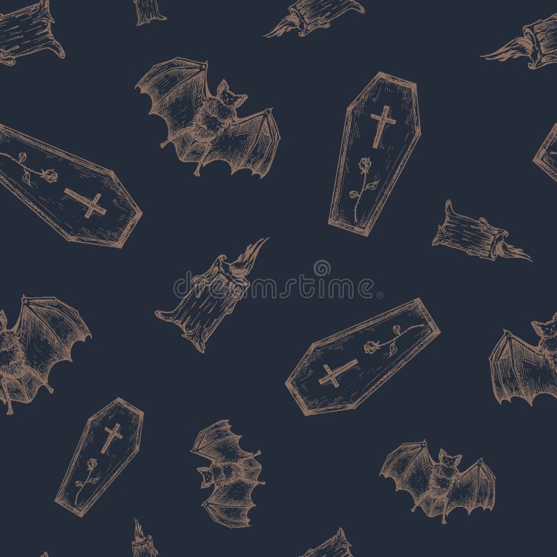 Hand Drawn Vampire Bat, Coffin and Candle Vector Seamless Background ...