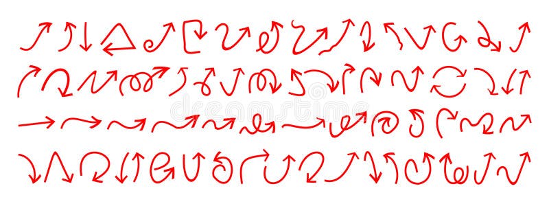 Hand Drawn Various Curved Red Arrow Lines. Set of Vector Arrow Icons ...
