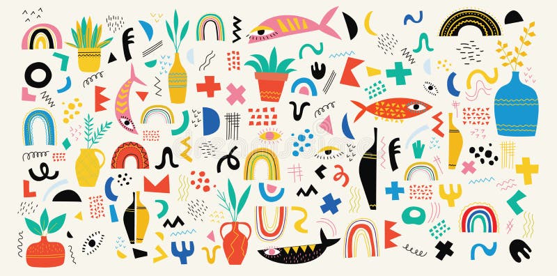 Hand Drawn Various Shapes and Doodle Objects. Set of Three Abstract ...