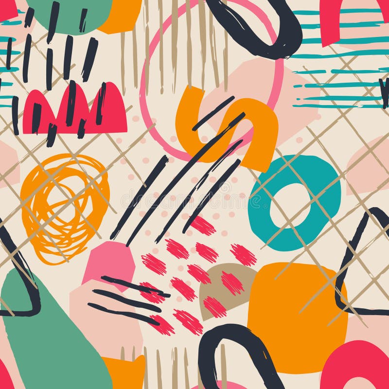 Hand Drawn Various Shapes, Spots, Dots and Lines Seamless Pattern Stock ...