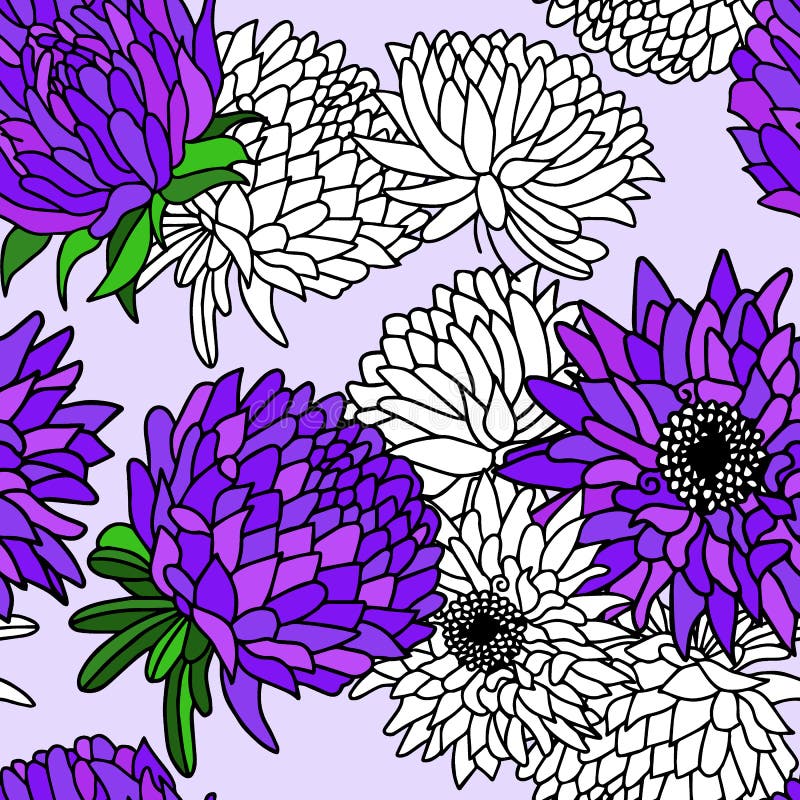 Hand Drawn Vector Aster Flower Seamless Pattern Stock Illustration ...