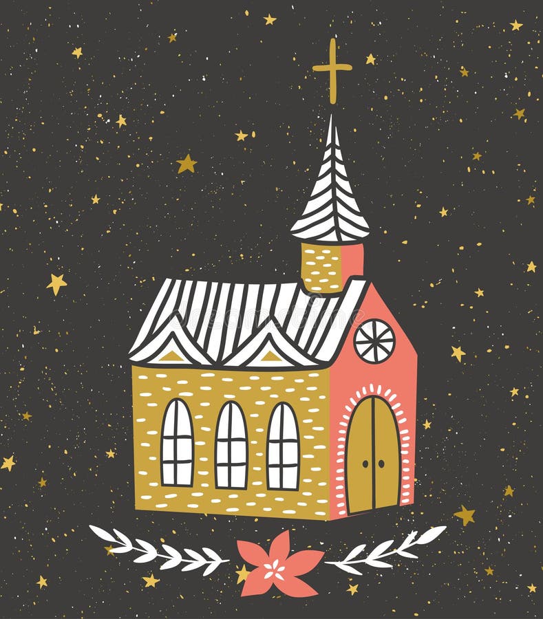 Hand Drawn Vector Card with the Catholic Temple and Starry Sky ...