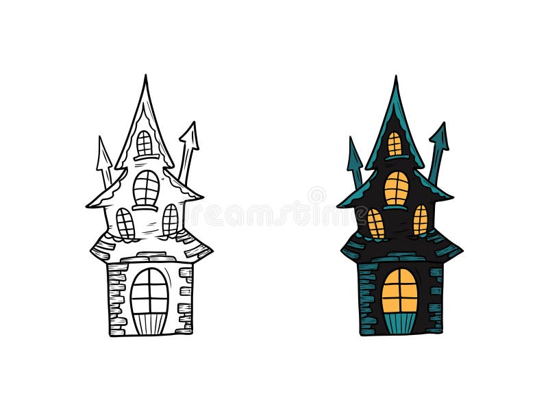 Hand Drawn Vector Creepy Haunted House Castle Ghosts, with Yellow ...