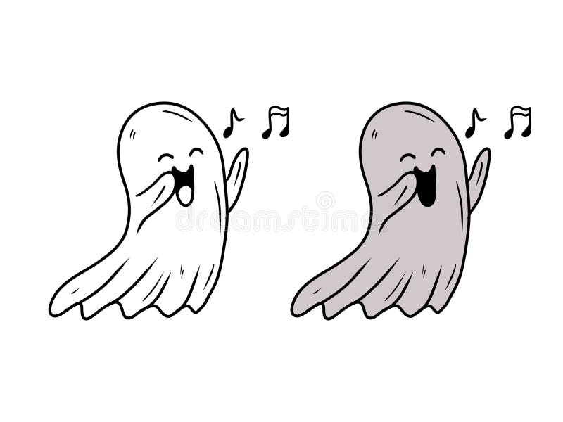 Hand Drawn Vector Cute Grey Ghost Floating and Singing with Musical ...
