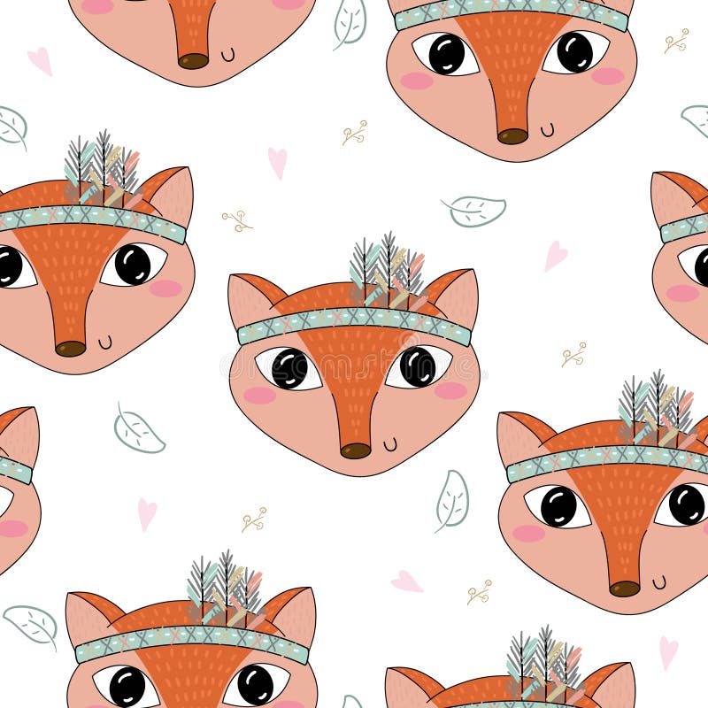 Hand Drawn Vector Cute Seamless Pattern with Cute Fox Stock Vector ...