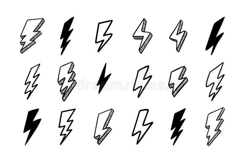 Hand Drawn Vector Doodle Electric Lightning Bolt Set. Lightning Symbol ...