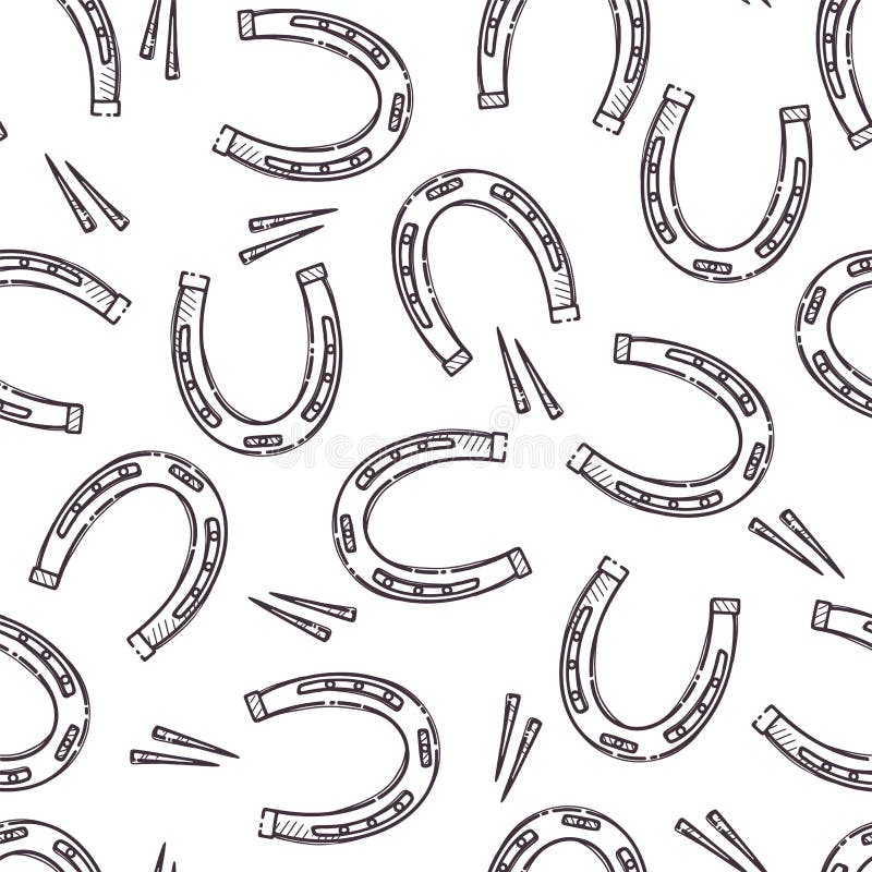 Hand Drawn Vector Equestrian Equipment. Horseshoe Seamless Pattern ...