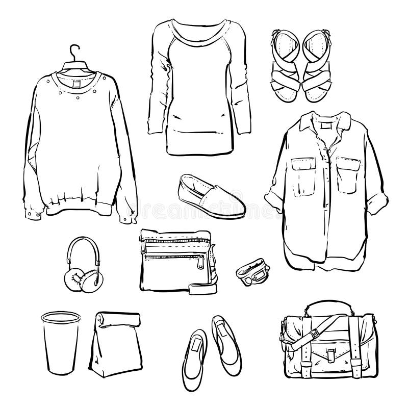 Hand Drawn Vector Fashionable Women S Clothes. Stock Vector ...