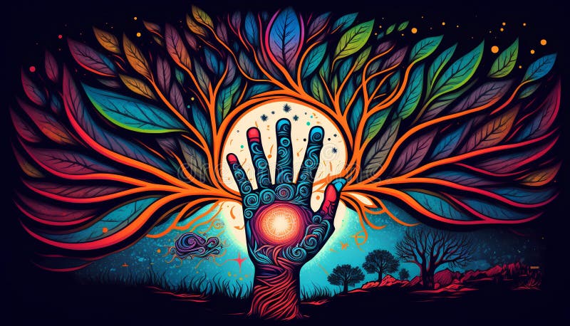 Hand Drawn Vector Illustration with Abstract Tree and Human Hand for ...