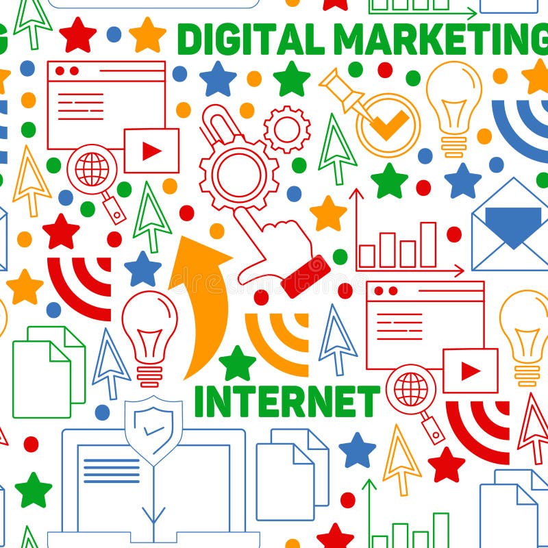 Digital Marketing Pattern with Vector Icons. Management, Start Up ...