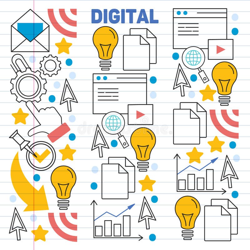 Digital Marketing Pattern with Vector Icons. Management, Start Up ...