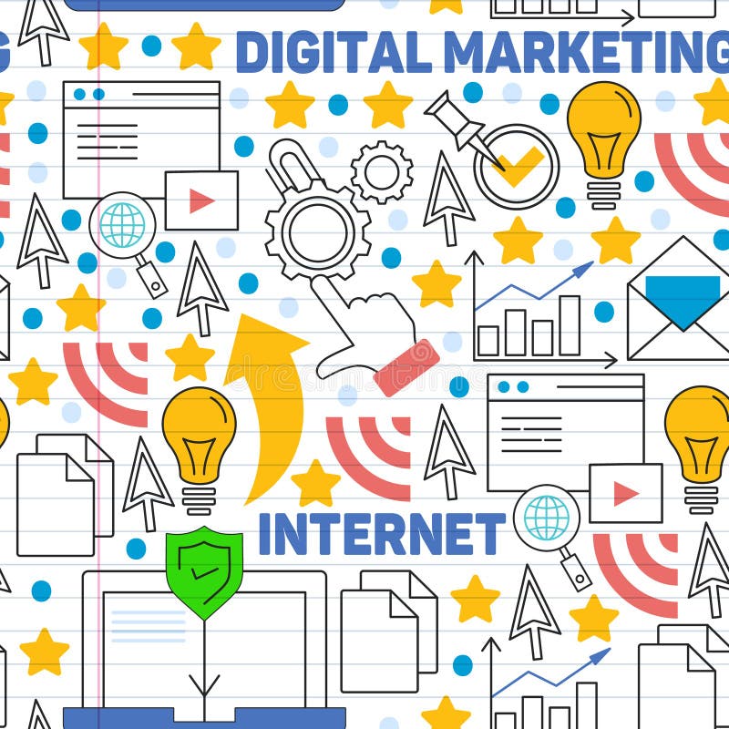 Digital Marketing Pattern with Vector Icons. Management, Start Up ...