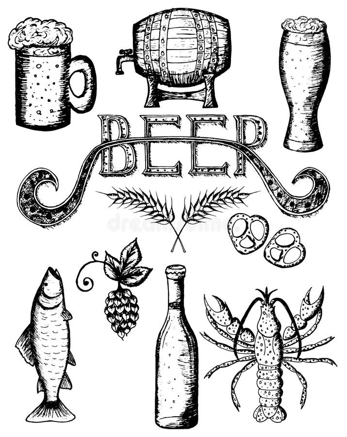 Hand Drawn Vector Illustration, Beer Set Stock Vector - Illustration of ...