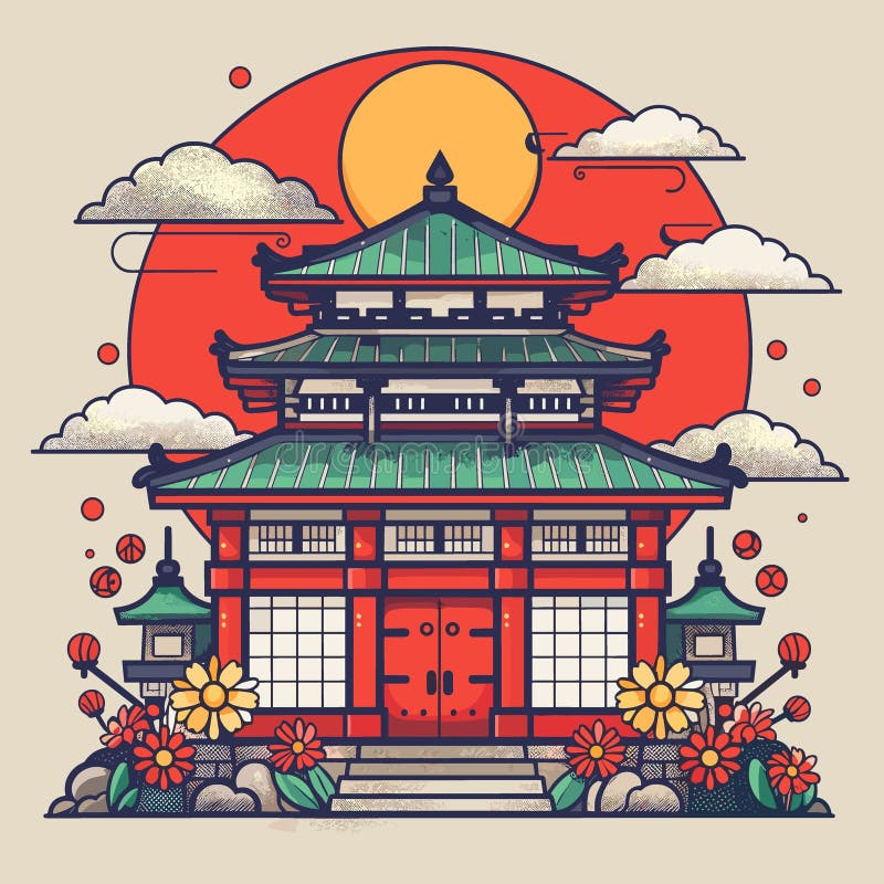 Hand Drawn Vector Illustration of a Chinese Temple in a Flat Style ...