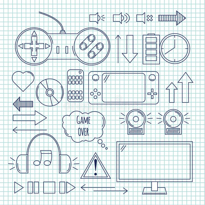 Hand Drawn Vector Illustration - Computer Games. Design Elements Stock ...