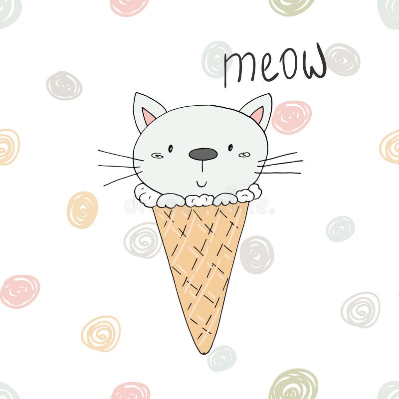 Hand Drawn Vector Illustration with Cute Cartoon Cat Ice Cream Vector ...