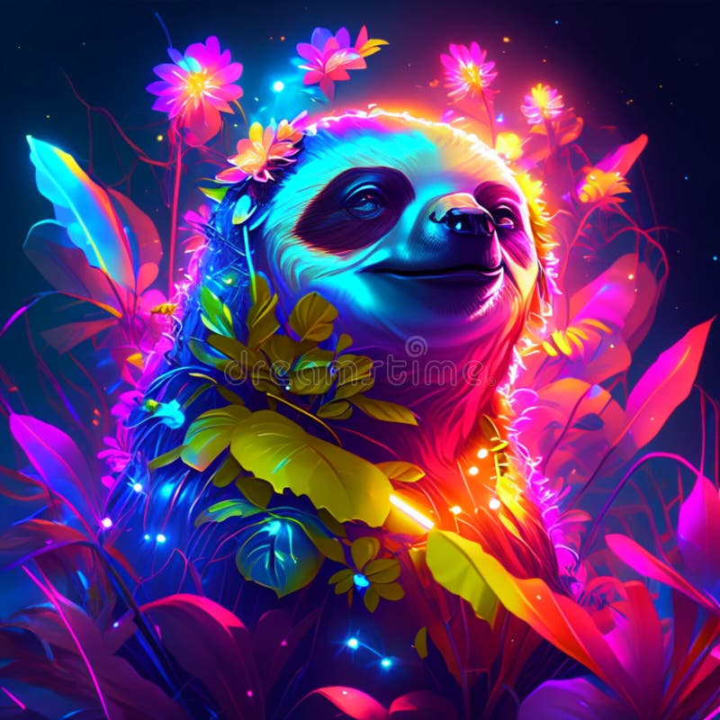 Hand Drawn Vector Illustration of a Cute Funny Sloth in Neon Light. AI Generated Stock ...
