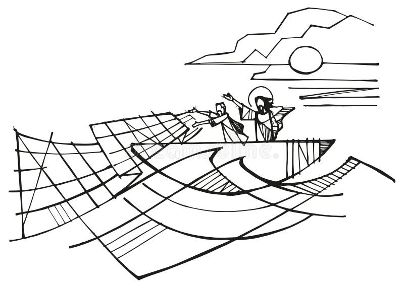 Hand Drawn Illustration of Jesus Casting the Nets Stock Vector ...