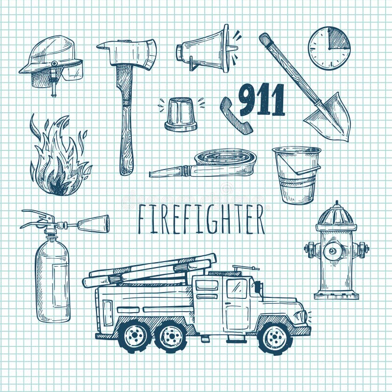 Hand Drawn Vector Illustration - Firefighter. Sketch Icons Stock Vector ...
