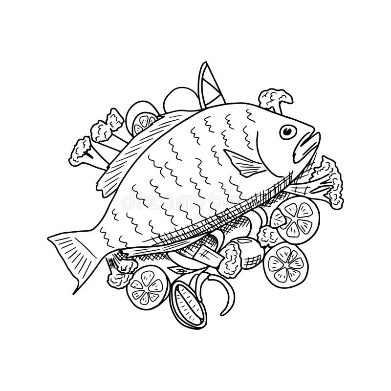 Hand Drawn Vector Illustration of Fried Fish with Vegetables Stock ...