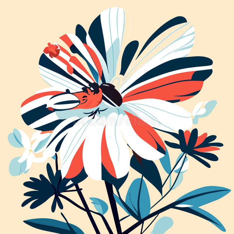 Hand Drawn Vector Illustration of a Ladybug on a White Daisy Flower ... Hand Drawn Vector Illustration of a Ladybug on a White Daisy Flower ...