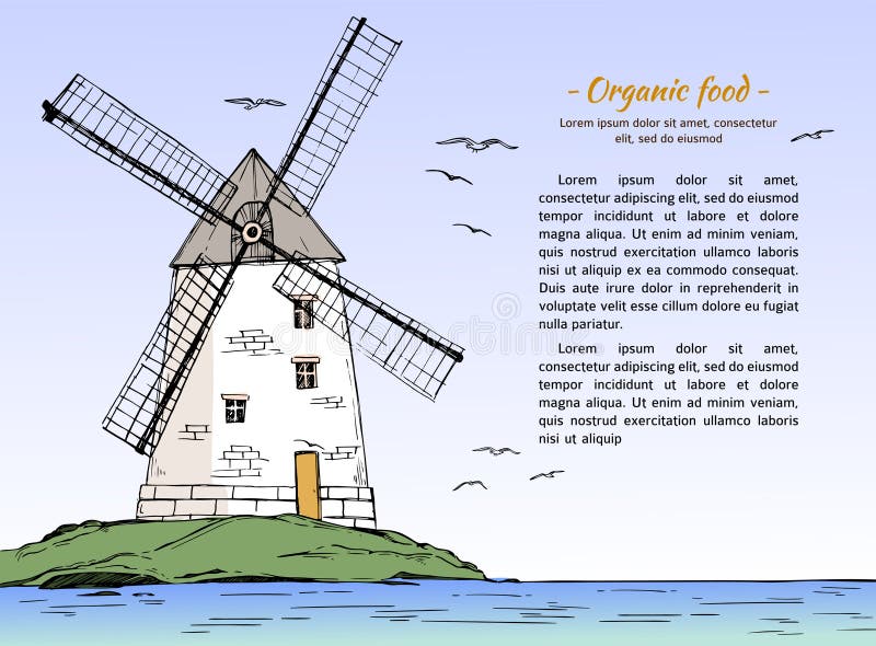 Hand Drawn Vector Illustration - Landscape with Mill. Template F Stock ...