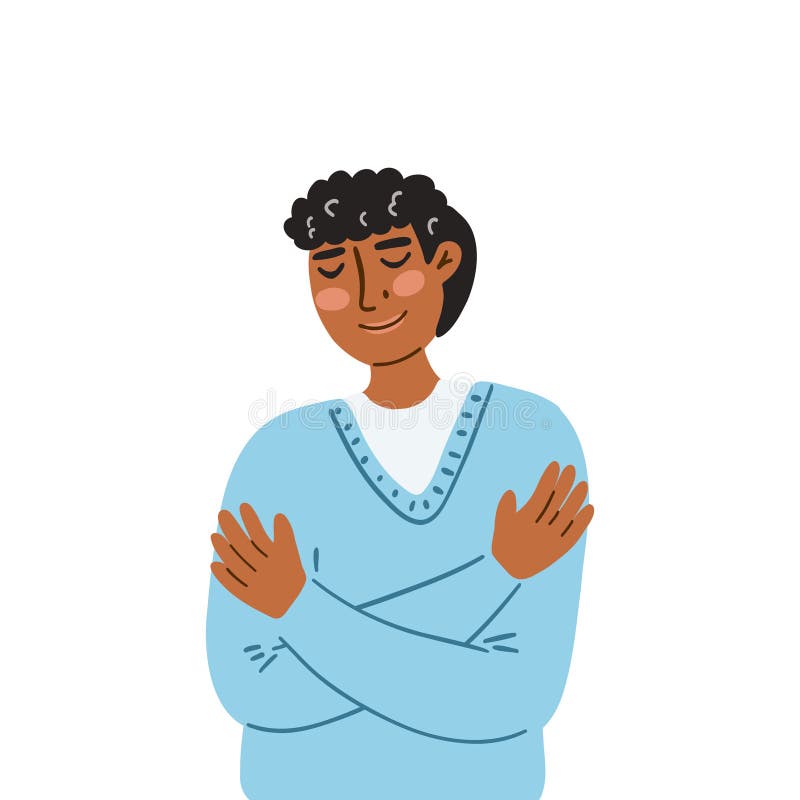 Hand Drawn Vector Illustration of Man Hugging Himself, Self Love and ...