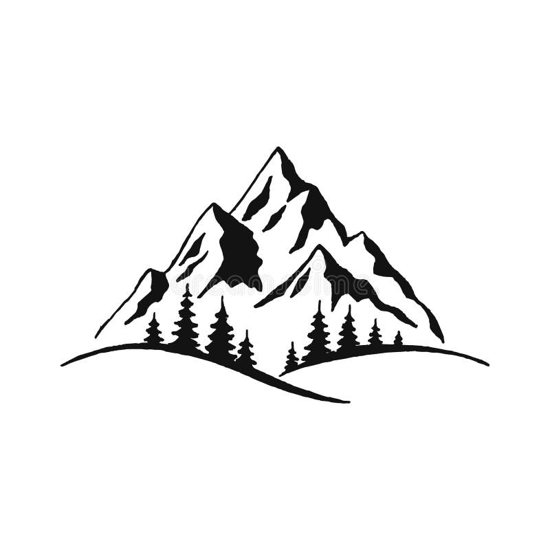 Mountain With Pine Trees And Landscape Black On White Background. Hand ...