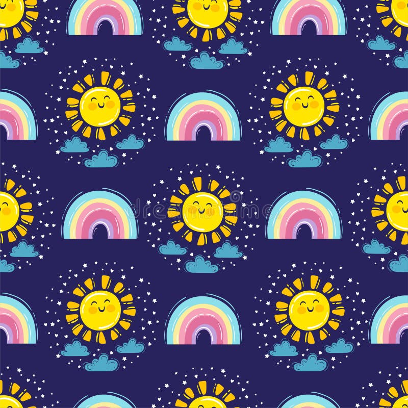 Hand Drawn Vector Illustration. Seamless Pattern with Cute Rainbow, Rain Cloud and Smiling Sun ...
