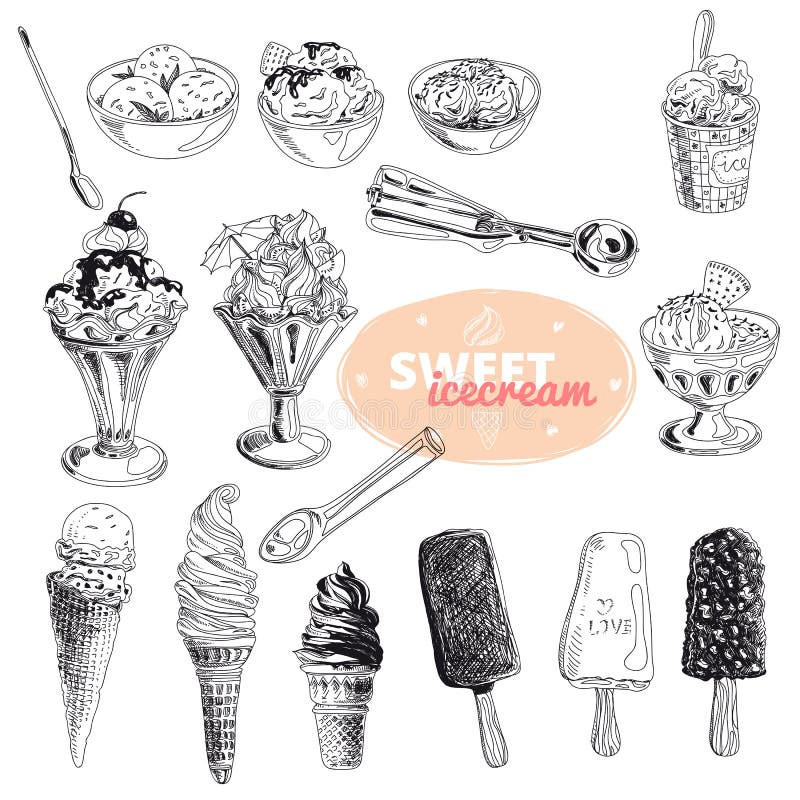 Ice Cream Vector Illustration Isolated On White Vector Sketches Set