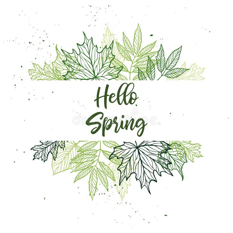 Hand Drawn Vector Illustration. Spring Label with Green Leaves, Stock ...