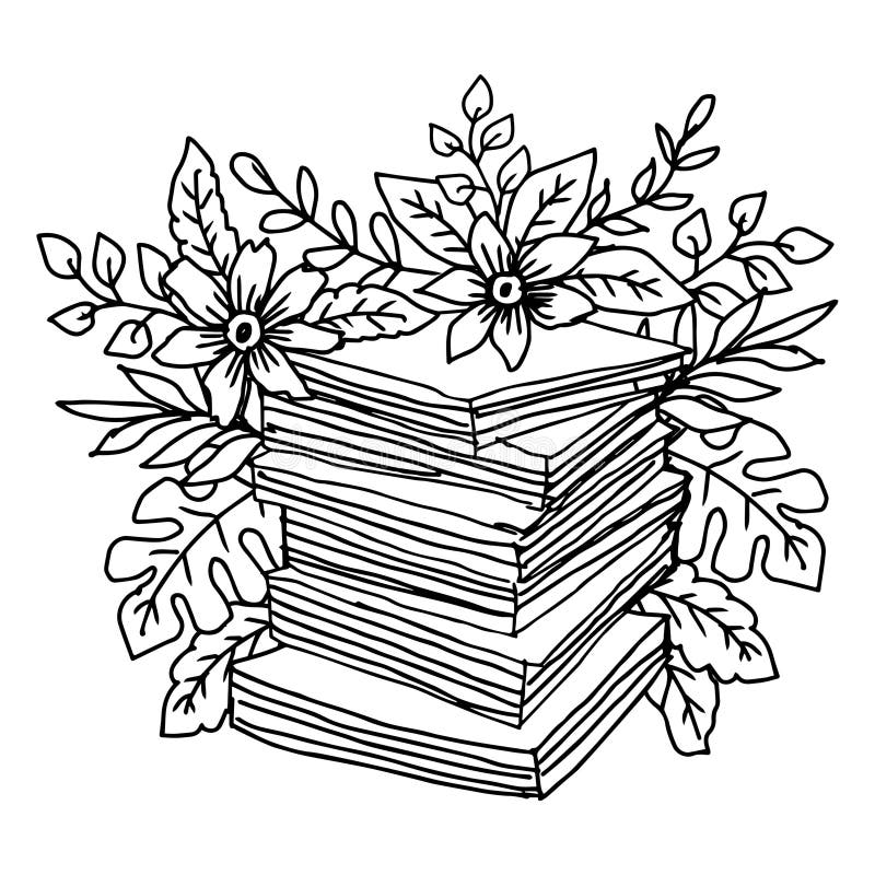 Hand Drawn Vector Illustration of a Stack of Books with Flowers and ...