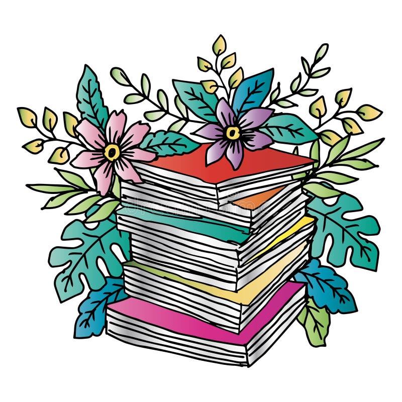 Hand Drawn Vector Illustration of a Stack of Books with Flowers and ...