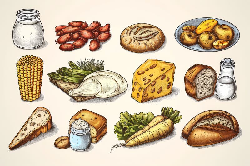 Hand Drawn Vector Illustration of Staple Foods Corn, Potatoes, Bread ...