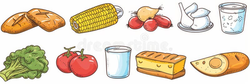 Hand Drawn Vector Illustration of Staple Foods Corn, Potatoes, Bread ...