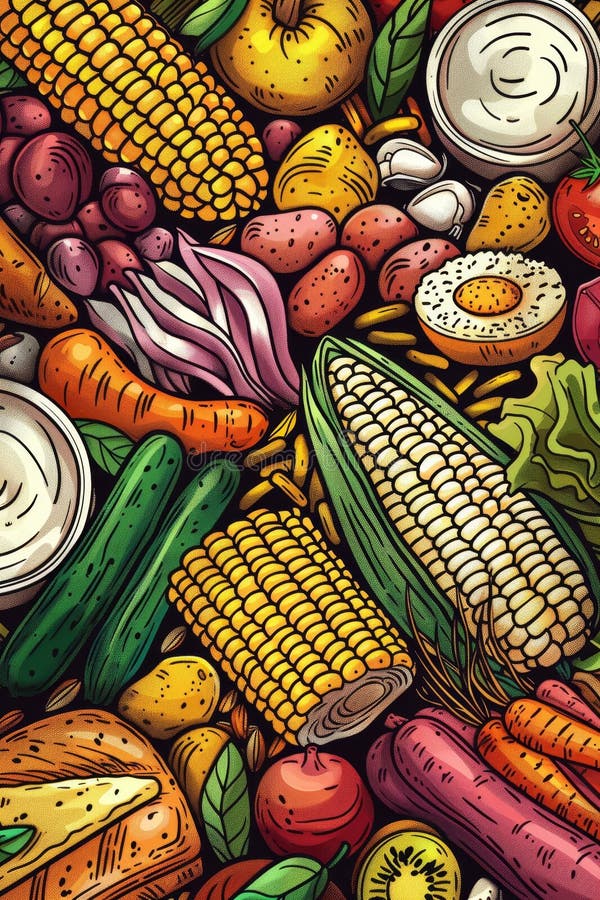 Hand Drawn Vector Illustration of Staple Foods Including Corn, Potatoes ...