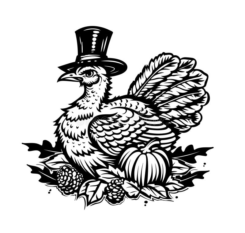 Hand Drawn Vector Illustration of Turkey in Hat. Isolated on White ...
