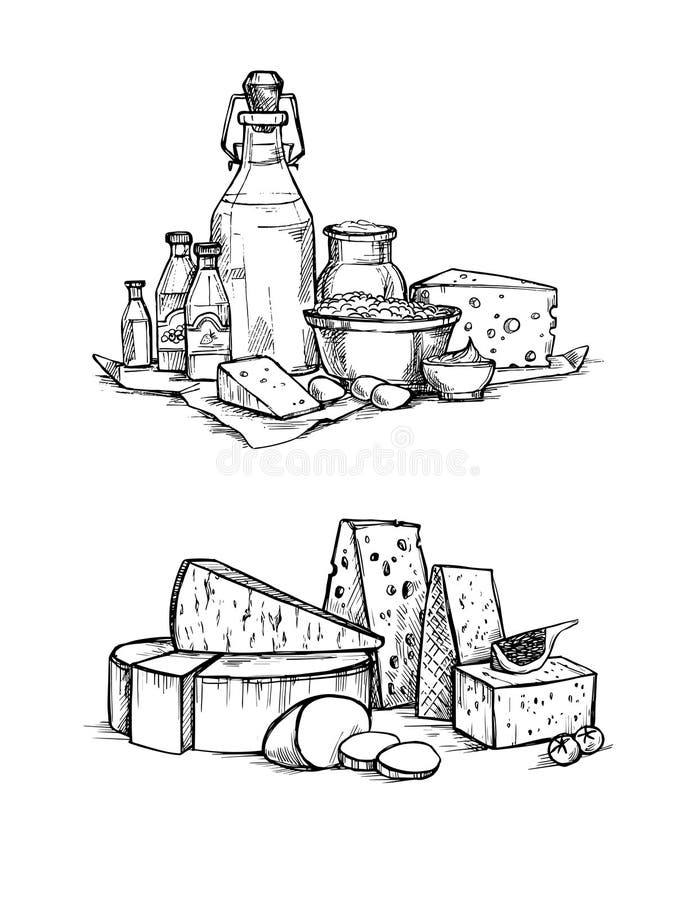 Hand Drawn Vector Illustrations. Cheese and Milk Set Mozzarella Stock ...