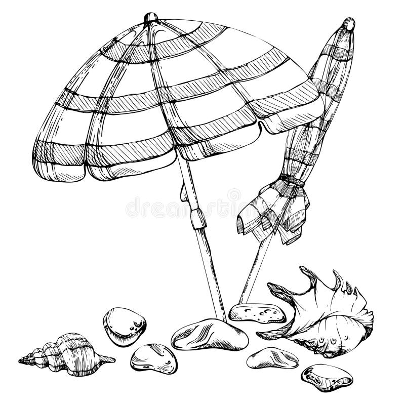 Hand Drawn Vector Ink Composition Seascape With Beach Umbrellas Sea