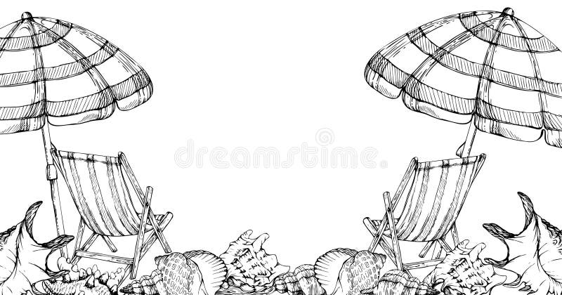 Hand Drawn Vector Ink Composition Striped Beach Umbrellas Sea Shells